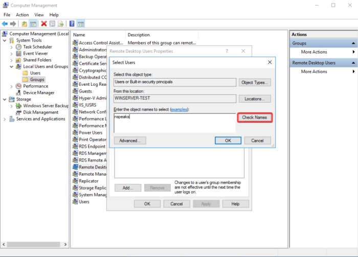 Create a user and allow RDP permission on Windows server 2016