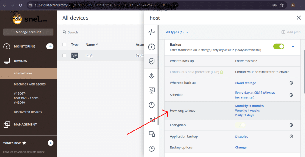 Adjust Retention Time in Acronis Backup Cloud Management Console | Snel.com
