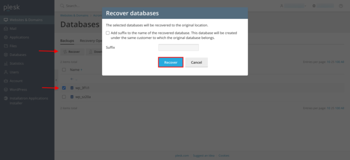 How to restore databases in Plesk with Acronis | Snel.com