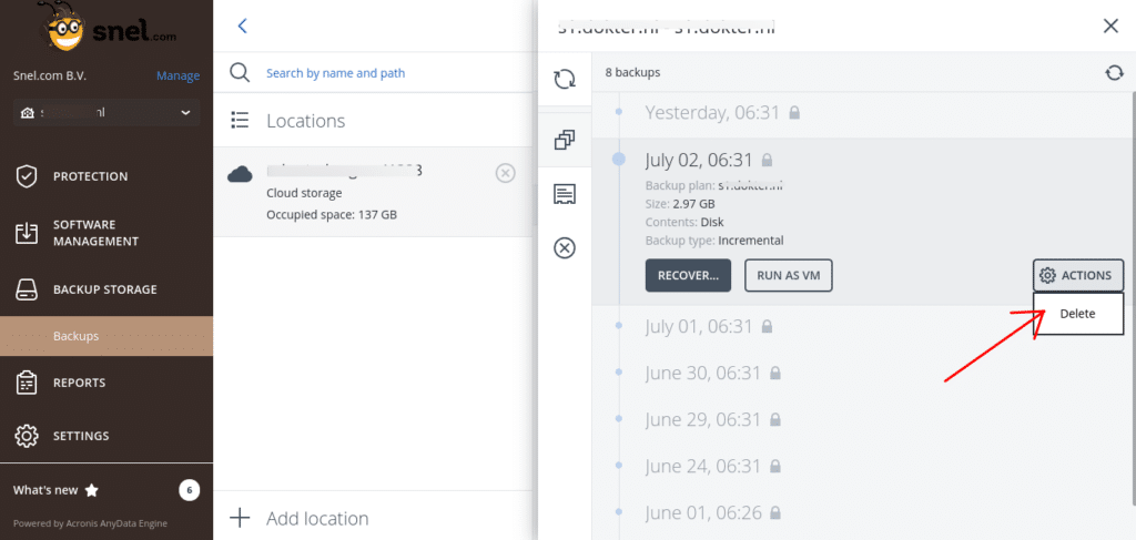 How to delete old backups from Acronis backup console | Snel.com